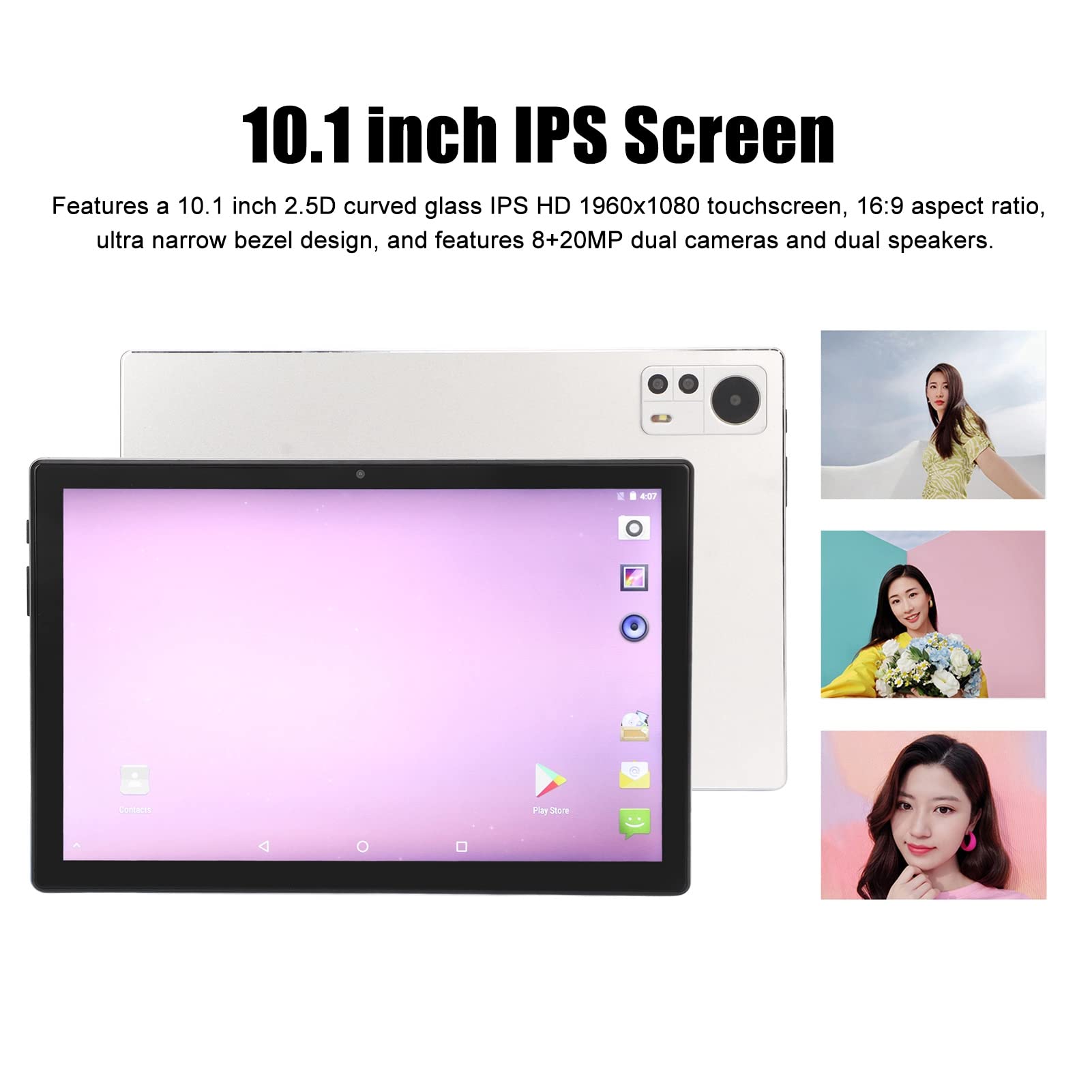 PUSOKEI 10.1 Inch Tablet PC,Sliver,8G 256G Memory,1960x1080 IPS Screen,MT6753 Octa Core,2.4G 5G WiFi Calling Tablet for Android 11,Dual Sim Card Dual Standby
