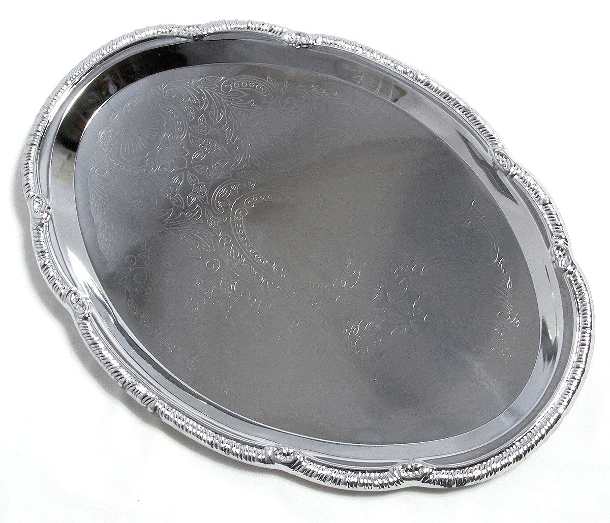 Maro Megastore (Pack of 4) 14.7" x 10.6" Oval Shape Chrome Plated Serving Tray Plate Food Art Deco Floral Pattern Engraved Multi-Purpose Holiday Party Buffet Wedding Birthday (Large) T125L-4PK