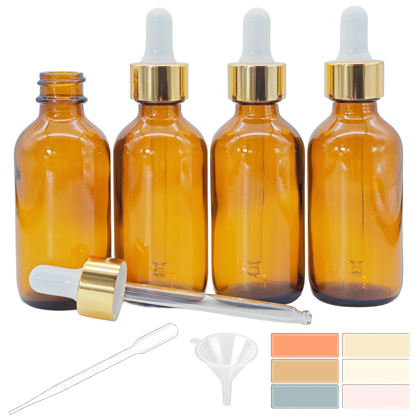 Zkupanx 4 PACK 2 oz Amber Glass Dropper Bottle, Golden Cap 60 ml Dropper Bottles, Tincture Bottle for Essential Oils, Liquids - Leakproof Travel Bottles