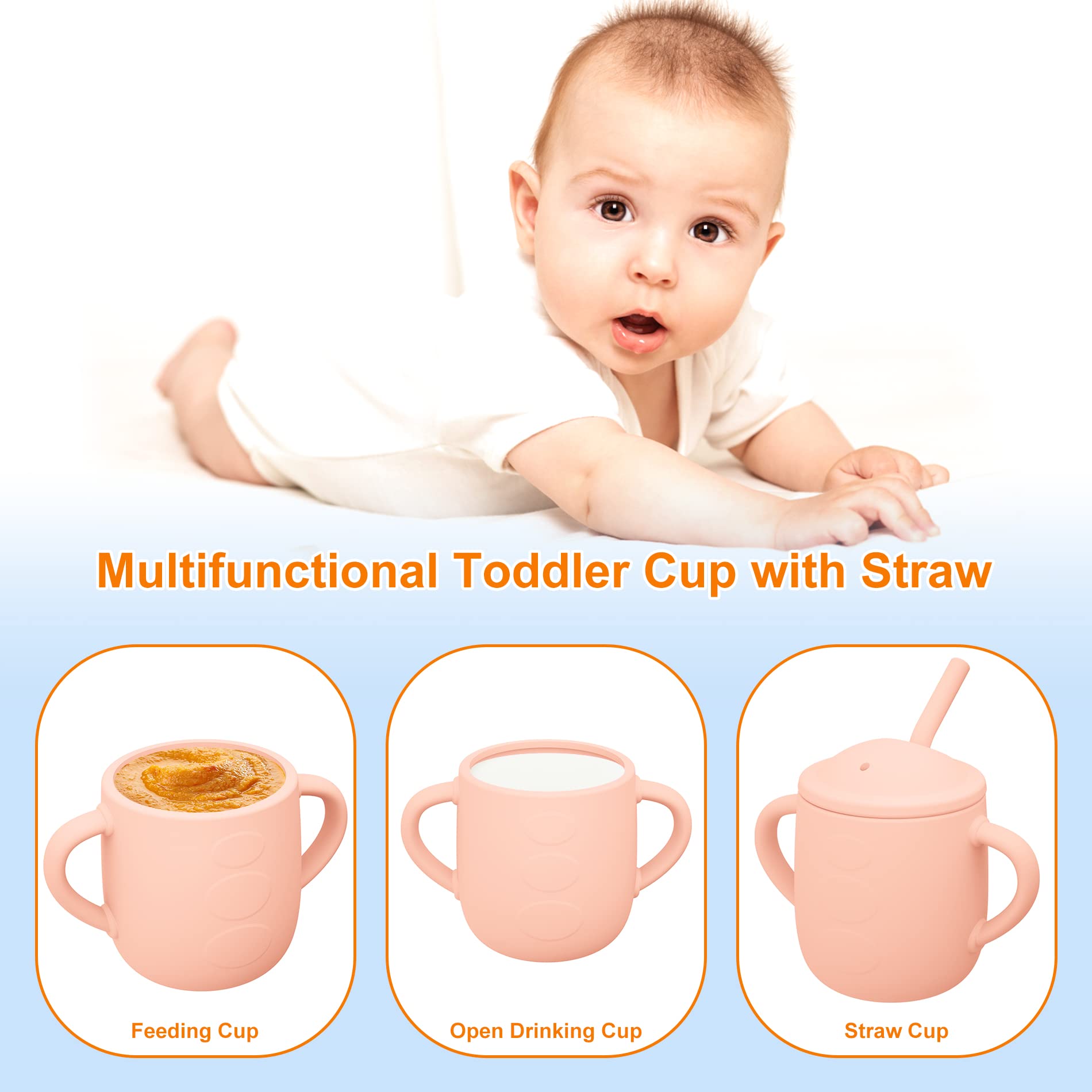 Rhswets Silicone Training Cups for Babies with Straw Lid, Spill Proof Toddler Sippy Cups, 6 months+ Infants Open Cup, 5oz, BPA Free (Pastel Salmon)