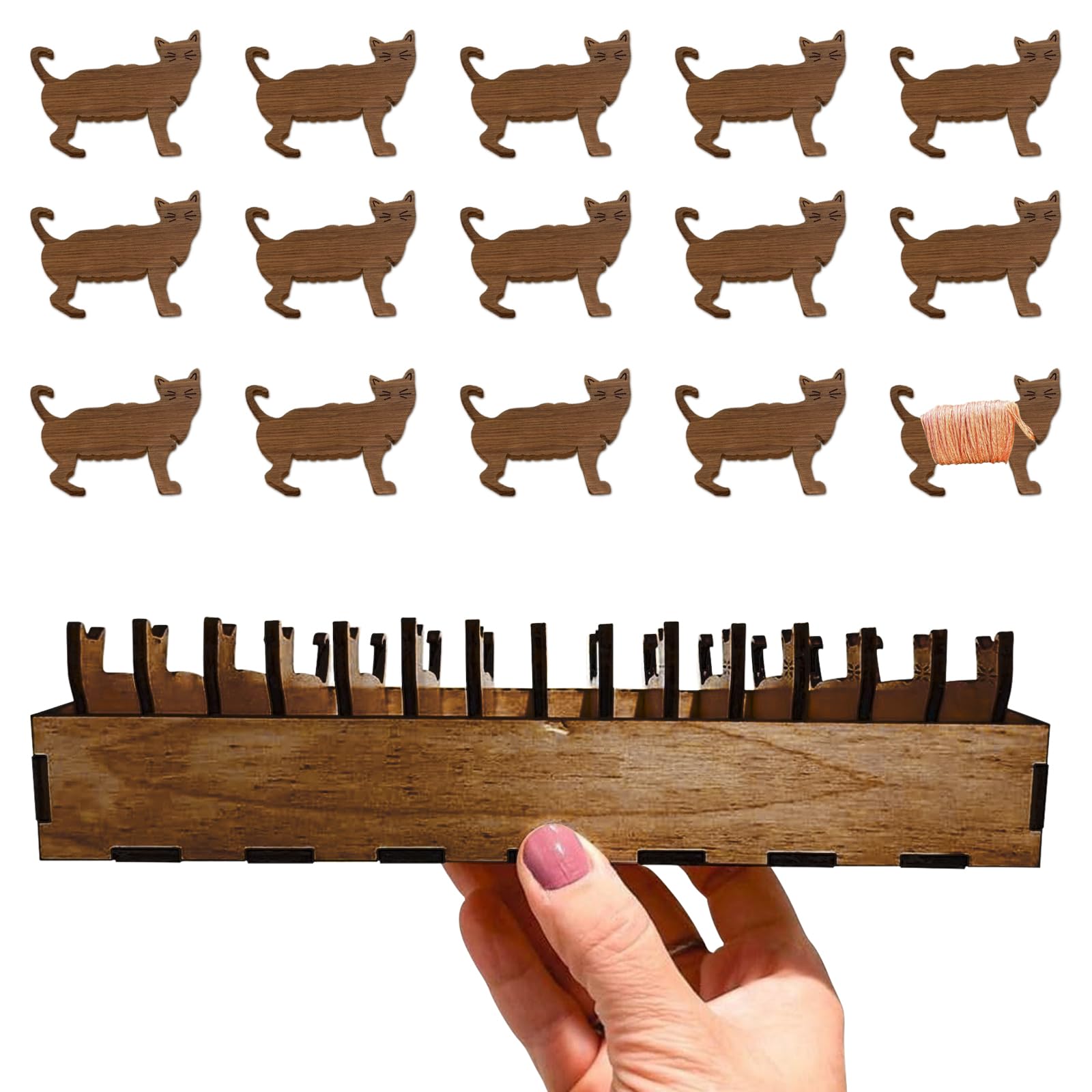 Wooden Animal Bobbin Set,Wooden Sewing Storage Set,15 Wooden Cat Shape Spools Set,Bobbin Organizer,Embroidery Floss Bobbins Organizer Box,Sewing Tool,Sewing Storage