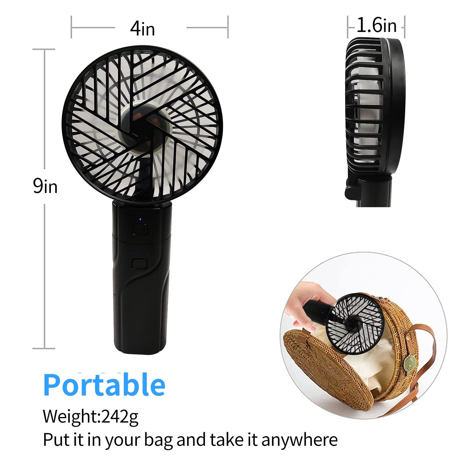 Portable Handheld Fan with Power Bank, Foldable Mini Desk Fan, USB Powered Fan, Battery Operated Fan for Camping, Travel, Outdoors and Indoors Black