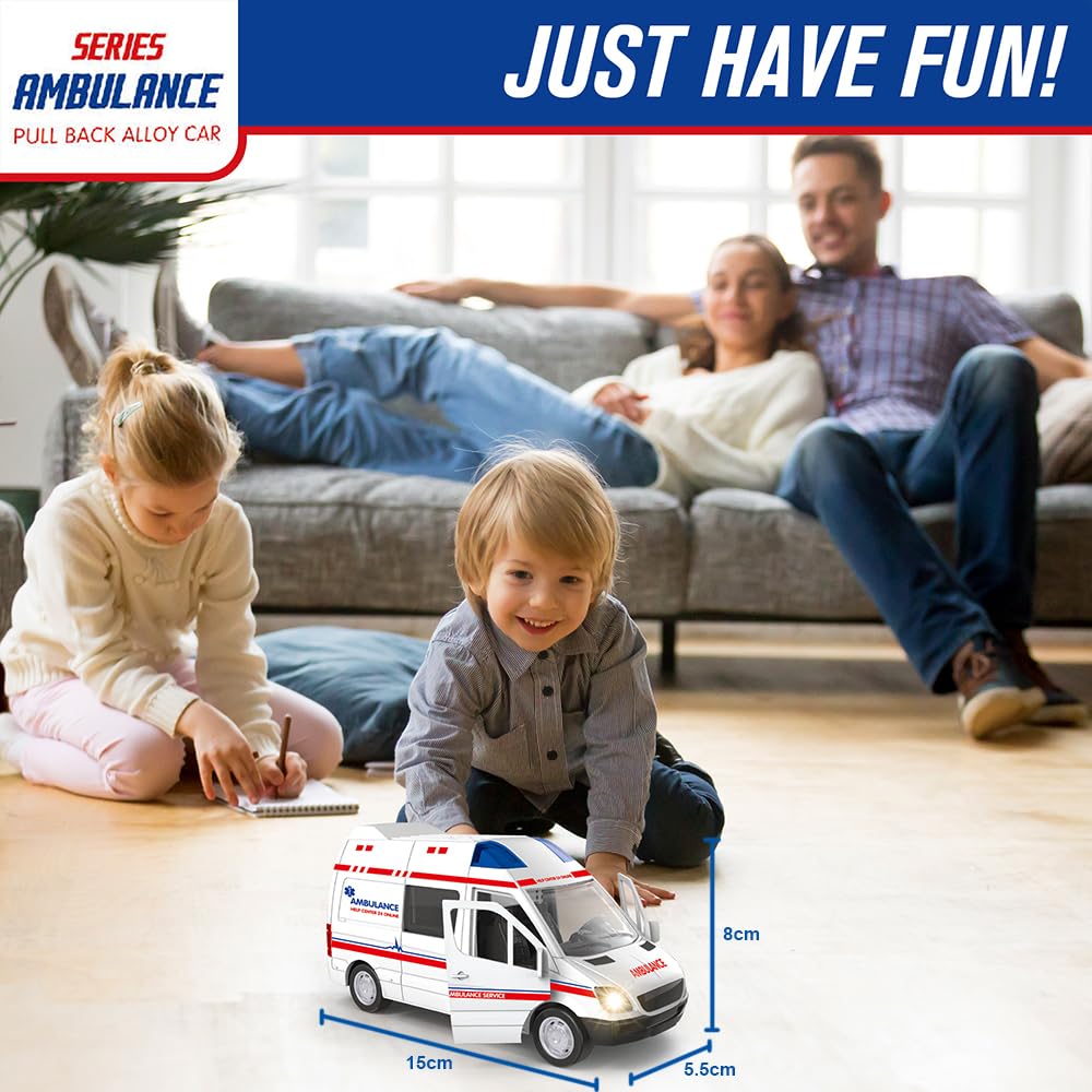 Otto Ambulance, Pull-Back Metal Strong Ambulance, Doors Open & Close, Lights & Sirens, Interactive Kids Toy - for Boys & Girls Age 3 and Up