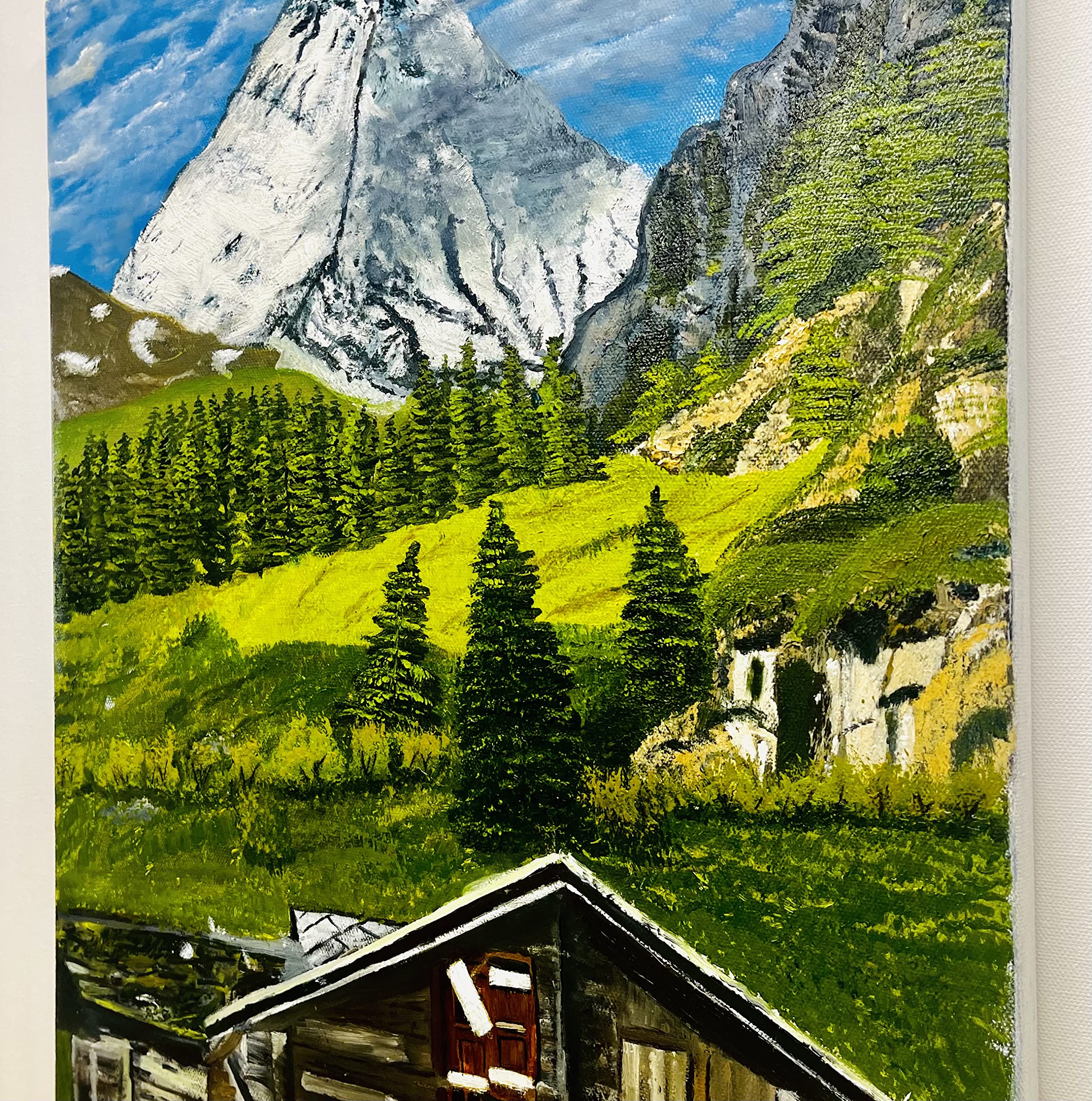 Handmade oil painting on Cotton canvas, Mountain And old House Green And Brown 100% Hand painted,Modern Artwork For Living Room.''20x16''