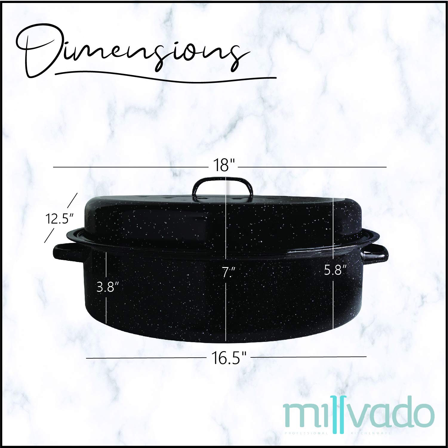 Millvado Roasting Pan With Lid, Turkey Roaster Pan, Extra Large 18 lb Capacity, 18" Granite Oven Roaster Oval Shaped Speckled Enamel on Steel Cookware
