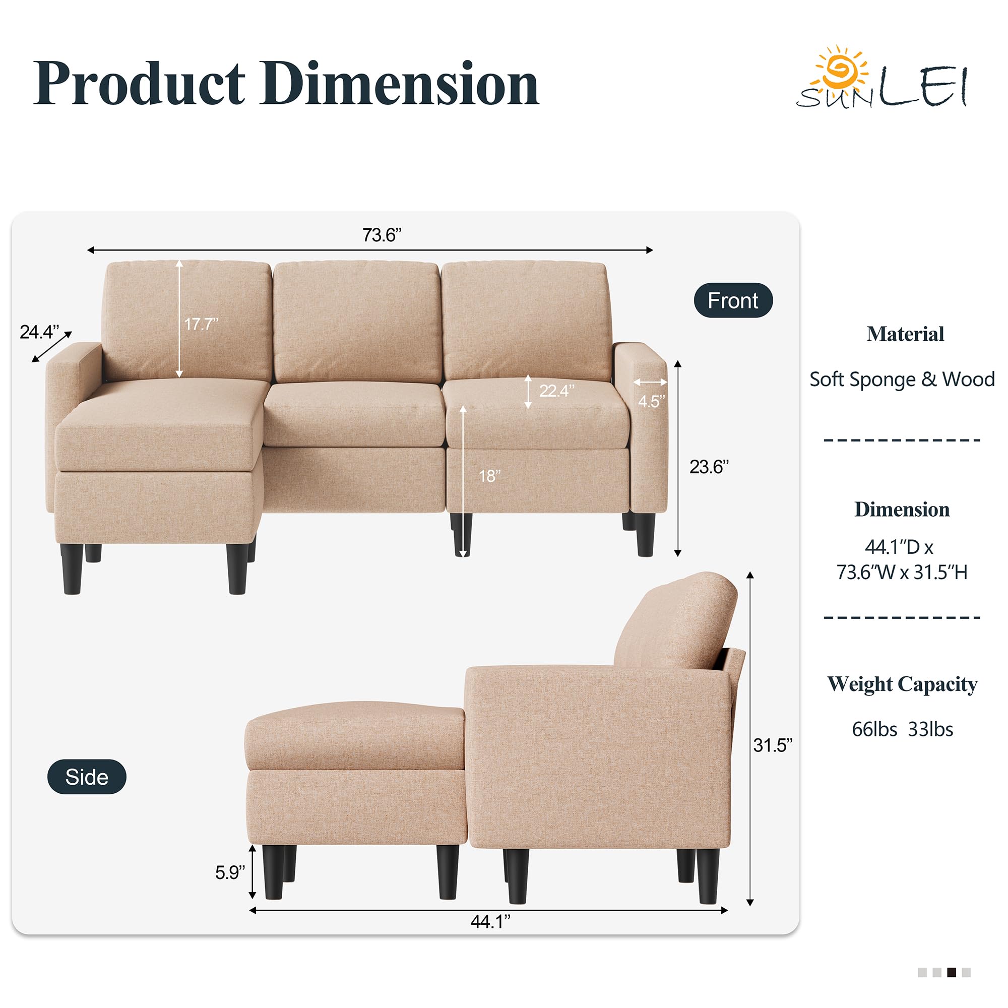 SUNLEI L-Shaped Couch Sofa for Living Room, Convertible Sectional Sofa with Reversible Chaise Modern Linen Fabric, Sectional Sofa Couch for Small Space(Beige
