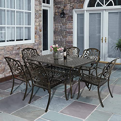 VIVIJASON 7 Pieces Cast Aluminum Outdoor Furniture Dining Set, Include 6 Chairs and a Rectangle Table with 2" Umbrella Hole, Patio Conversation Set for Lawn Garden Porch
