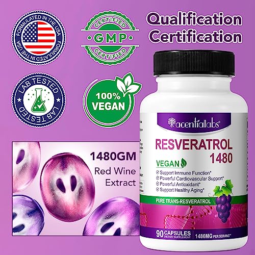 Resveratrol 1,480MG with Quercetin 90 Capsules - Vegan Trans-Resveratrol Antioxidants for Healthy Aging, Immune System, Cardiovascular & Joint Support - Improving Fatigue, Memory and Brain Function