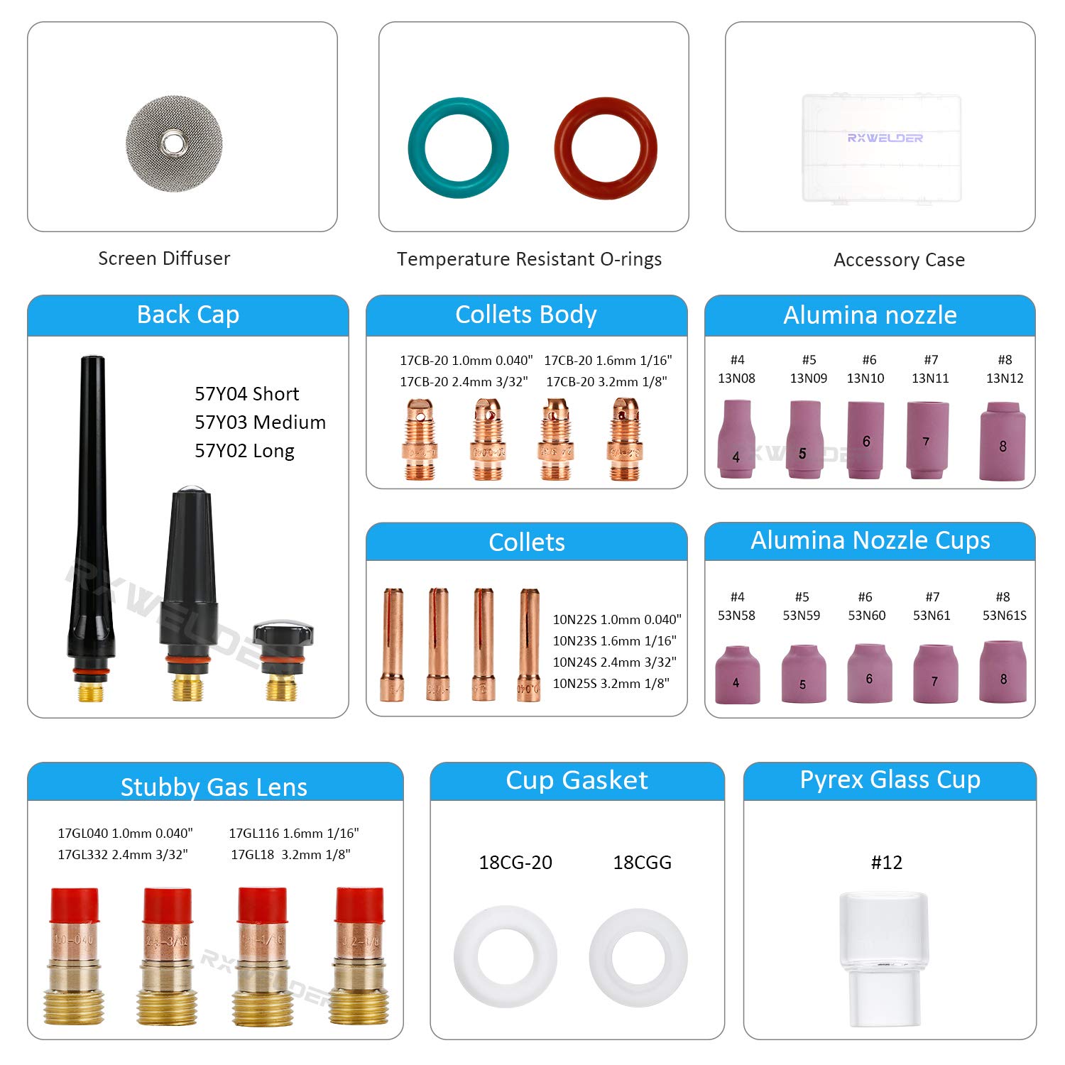 RX WELD 57PCS TIG Welding Torch Stubby Gas Lens #12 Pyrex Glass Cup Kit For WP-17/18/26