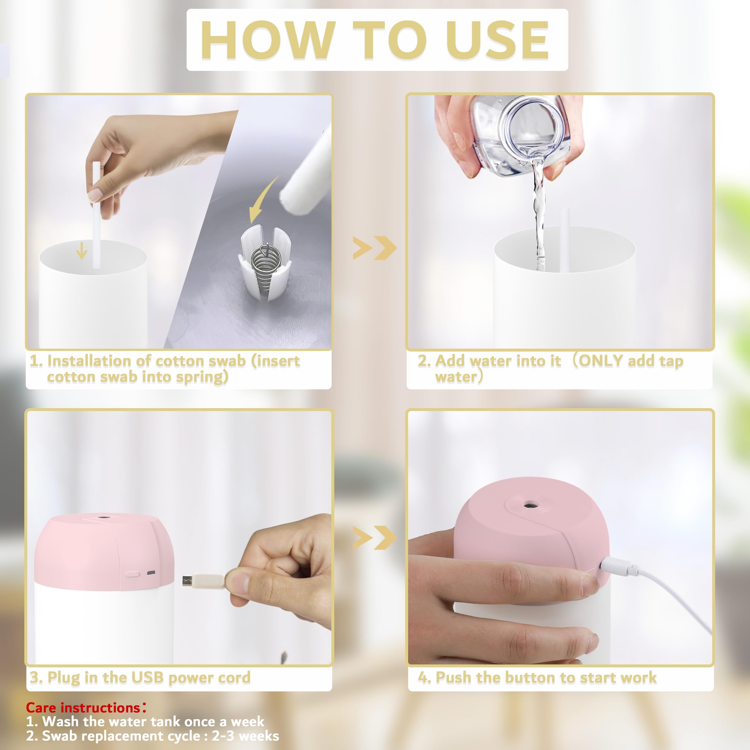 Portable Mini Humidifier, Small Cool Mist Humidifier with Night Light, USB Personal Desktop Humidifier for Baby Bedroom Travel Office Home, 2 Spray Modes, Waterless Auto Shut-Off, Super Quie (Pink)