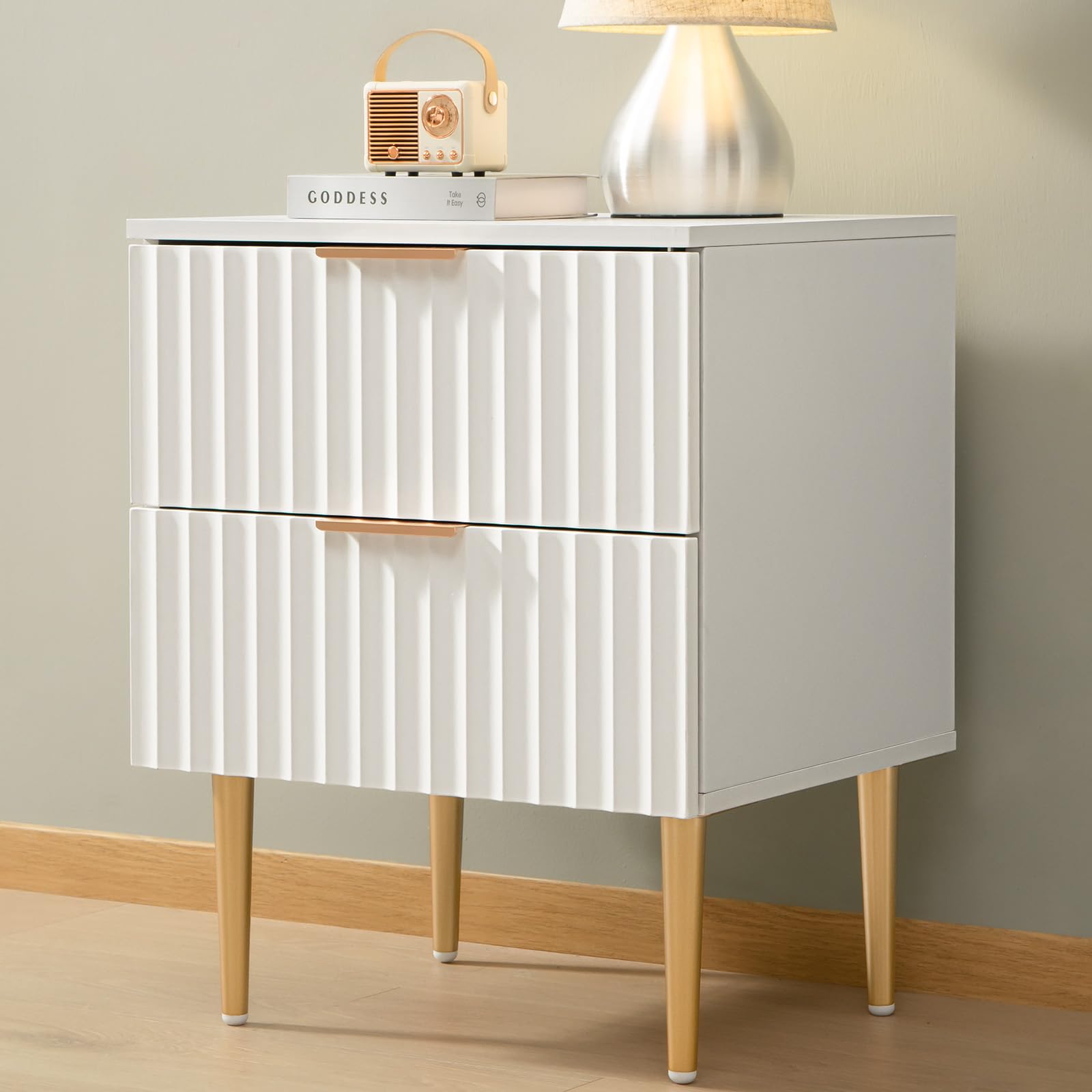 SICOTAS White Night Stand Set 2, Wide Fluted Nightstand with 2 Drawers, Modern Glossy Storage Bedside Table for Bedroom, End Side Table with Golden Metal Legs and Handles(2, White)