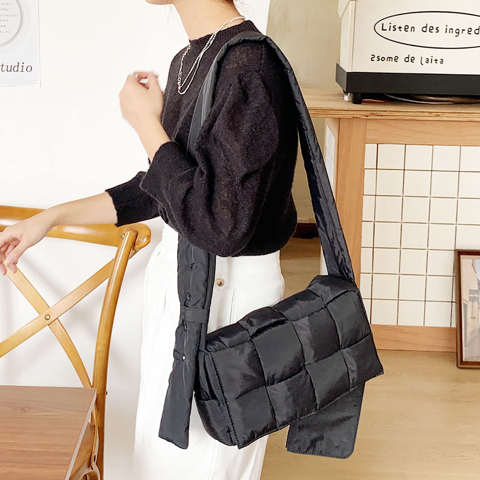 Puffer Bag,Man Women Oblique Span Quilted Puffy Down Padded Clutch Handbags Shoulder Bag, Trendy Purse (black)