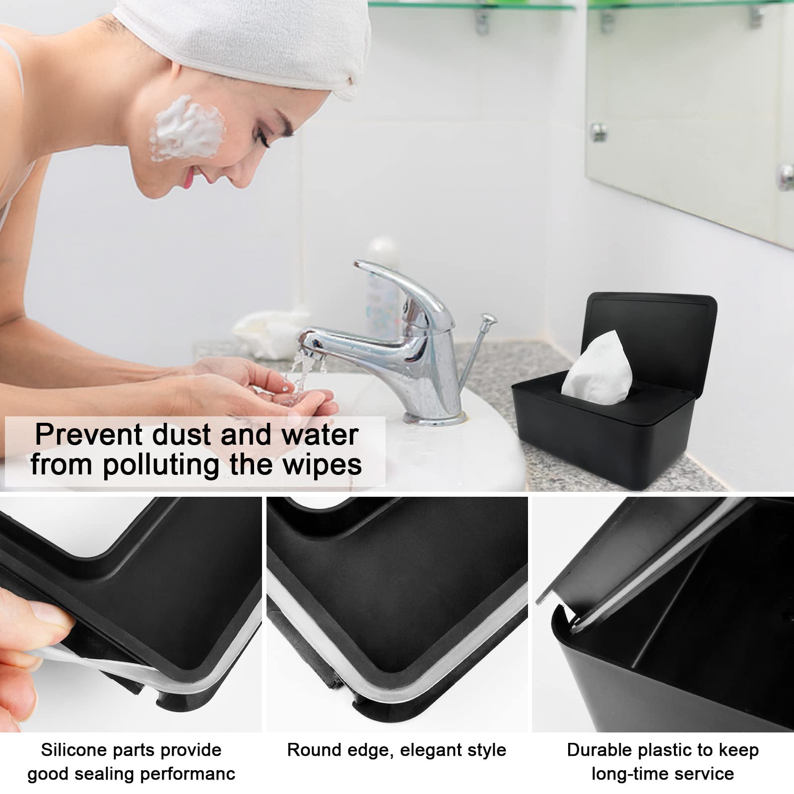 ROLLMOSS 2 Pieces Baby Wipes Dispenser Wipe Container, Baby Wipe Holder for Keep Wipes Moist Fresh Dustproof, Refillable Wet Tissue Storage Box Case for Bathroom Baby Office Nursery (Black, Blue)