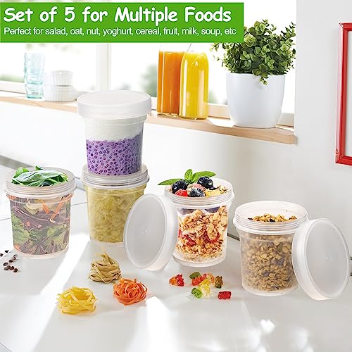 WBKTOOL Overnight Oats Containers with Lids - 5 Pack 16 oz Deli Food Storage Containers - Small To Go Plastic Yogurt Container for Soup, Salad, Freezer