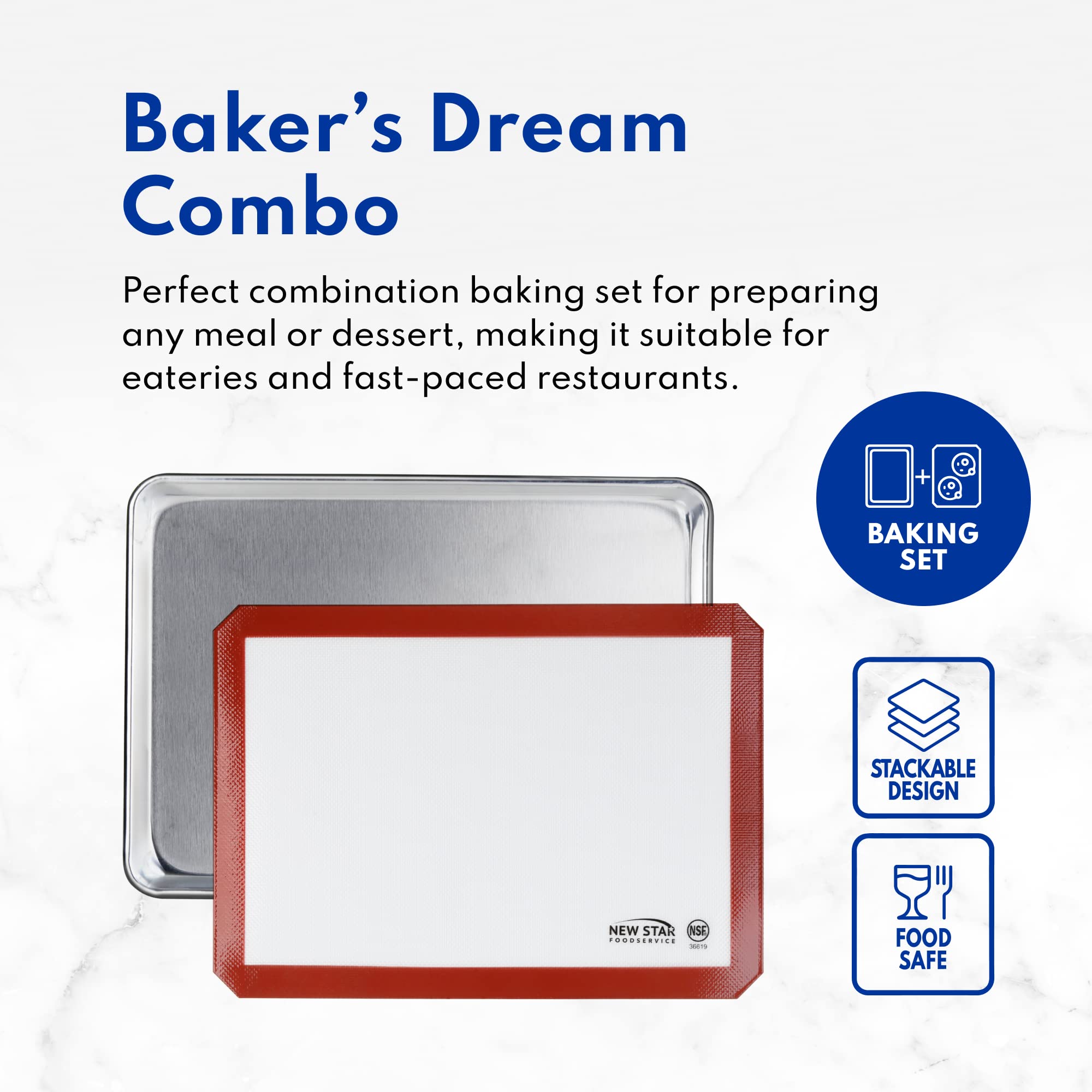 New Star Foodservice 38439 Commercial-Grade 18-Gauge Aluminum Sheet Pan/Bun Pan & Silicone Baking Mat Set, 13" L x 18" W x 1" H (Half Size)