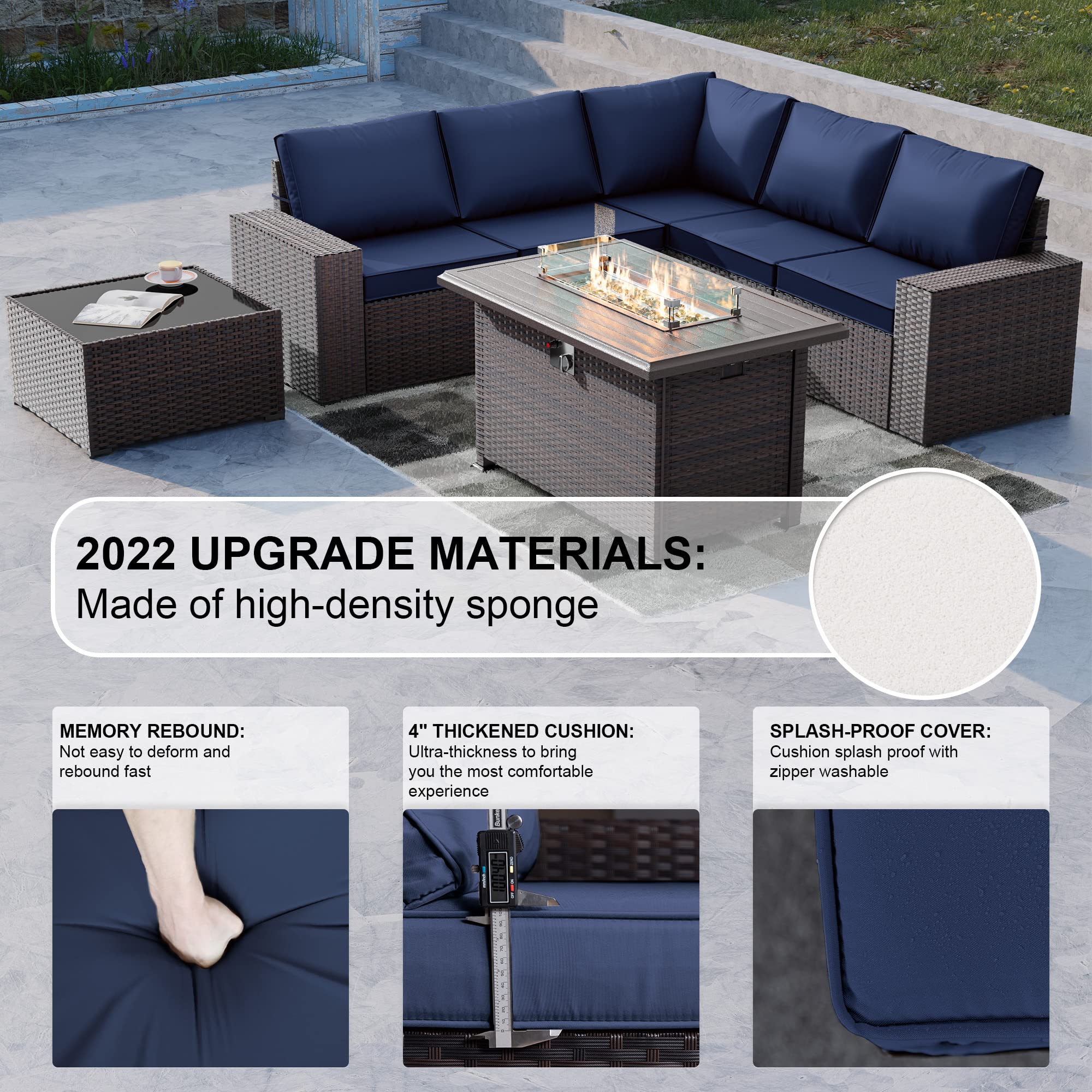 Kullavik 7 Pieces Outdoor Patio Furniture Set with 43" Gas Propane Fire Pit Table PE Wicker Rattan Sectional Sofa Patio Conversation Sets,Navy Blue