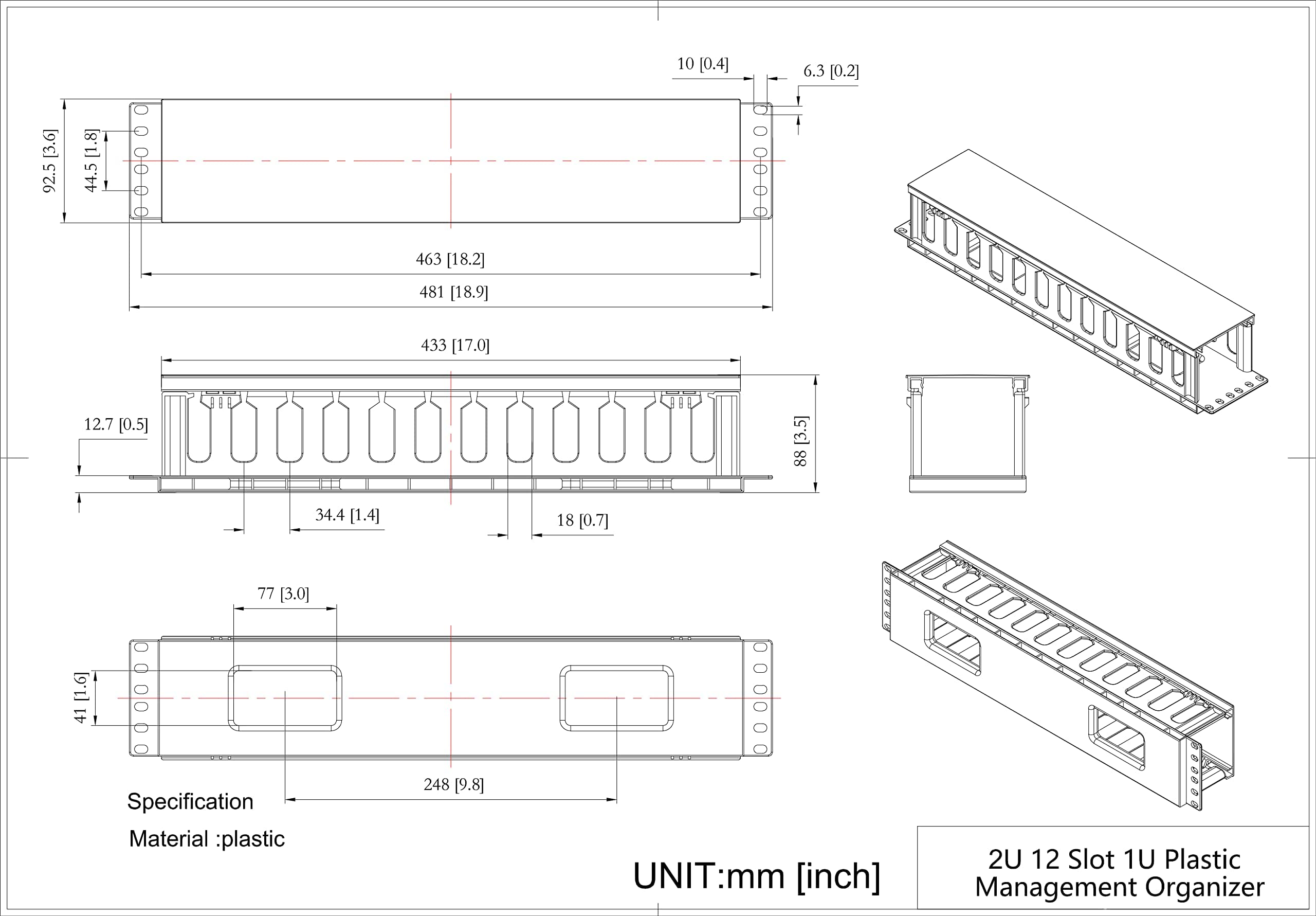 QiaoYoubang 4 Pack of 2U 12 Slots Horizontal Rack Mount Cable Management Organizer Plastic 19" Rack Mount (2U4PC)