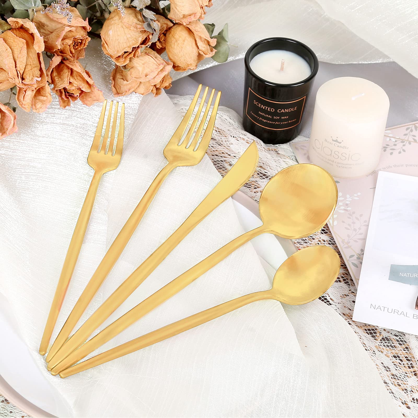 Matte Gold Silverware Set 30 Pieces, FAMEWARE Stainless Steel Flatware Set,Service for 6,Kitchen Utensil Set, Tableware Cutlery Set, Satin Finished Polished & Dishwasher Safe