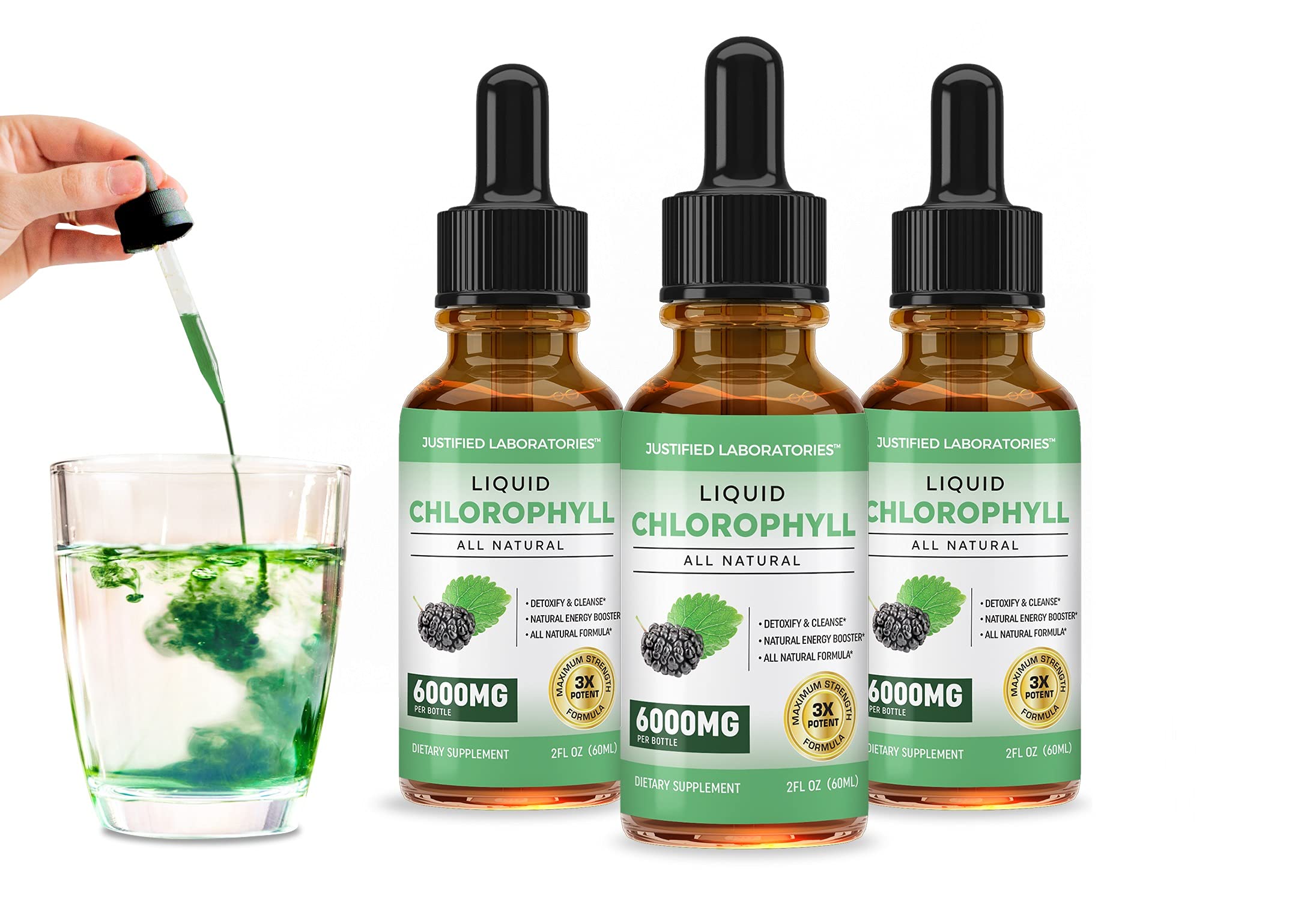 Justified Laboratories (3 Pack) Liquid Chlorophyll Drops Maximum Strength 6000MG Concentrate Packed Antioxidants Minerals and Vitamins 120 Servings Per Bottle