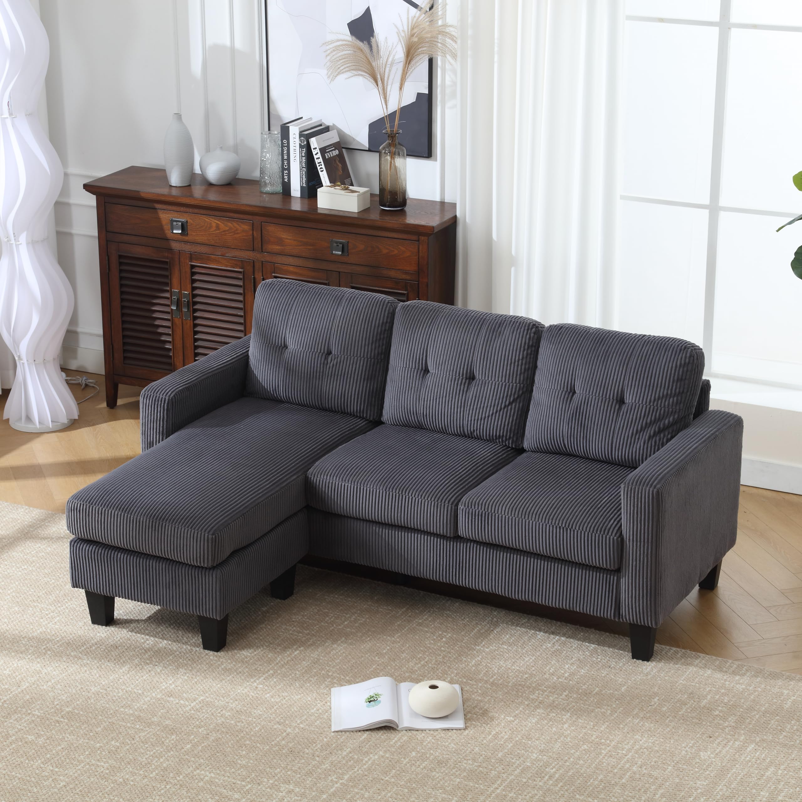 Xuanlur L Shaped Couch with Ottoman, Modern Convertible Sectional Sofa with Reversible Chaise, Corduroy Sleeper Sofa Couch for Living Room, Bedroom, Apartment, Lounge, Dark Gray