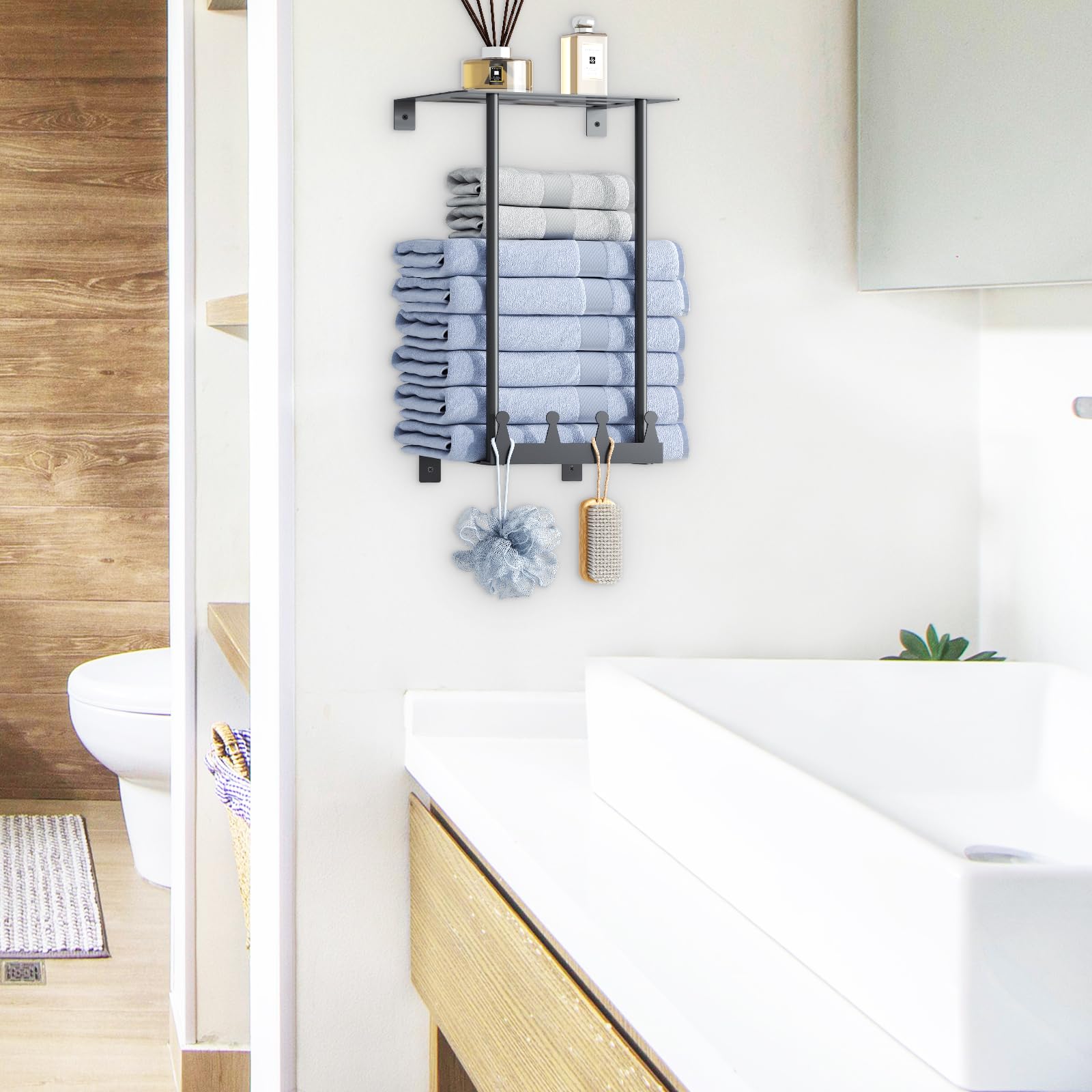 Towel Racks for Bathroom Wall Mounted, Rolled or Folded Towel Holder with Metal Shelf and 4 Hooks for Small Bathroom, Wall Mounted Metal Bathroom Organizer, Sturdy and Large Capacity (1 Shelf)