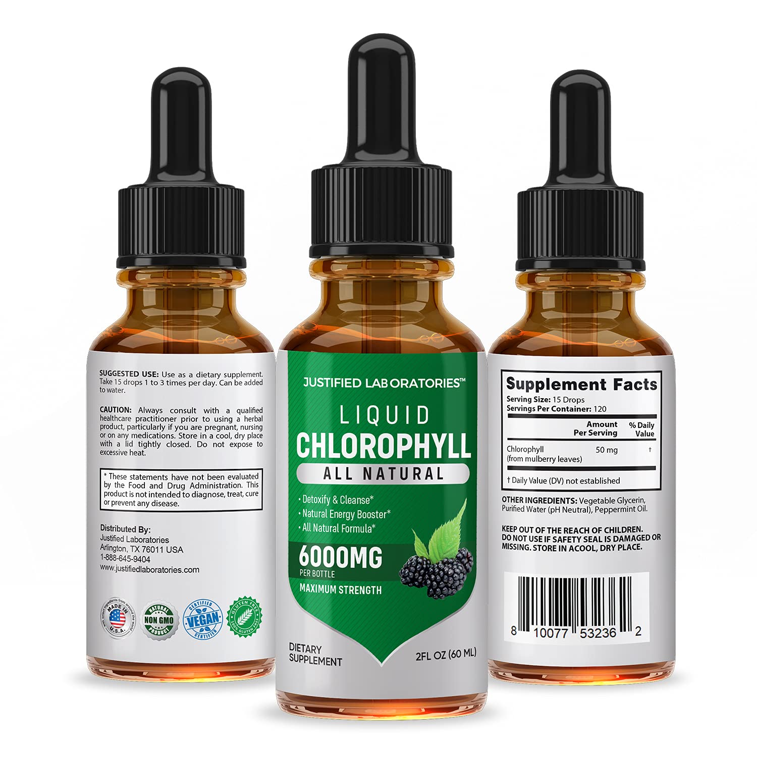 Justified Laboratories (3 Pack) Liquid Chlorophyll Drops 6000MG Maximum Strength Green Concentrate Blend Filled with Antioxidants Minerals and Vitamins 2 FL OZ