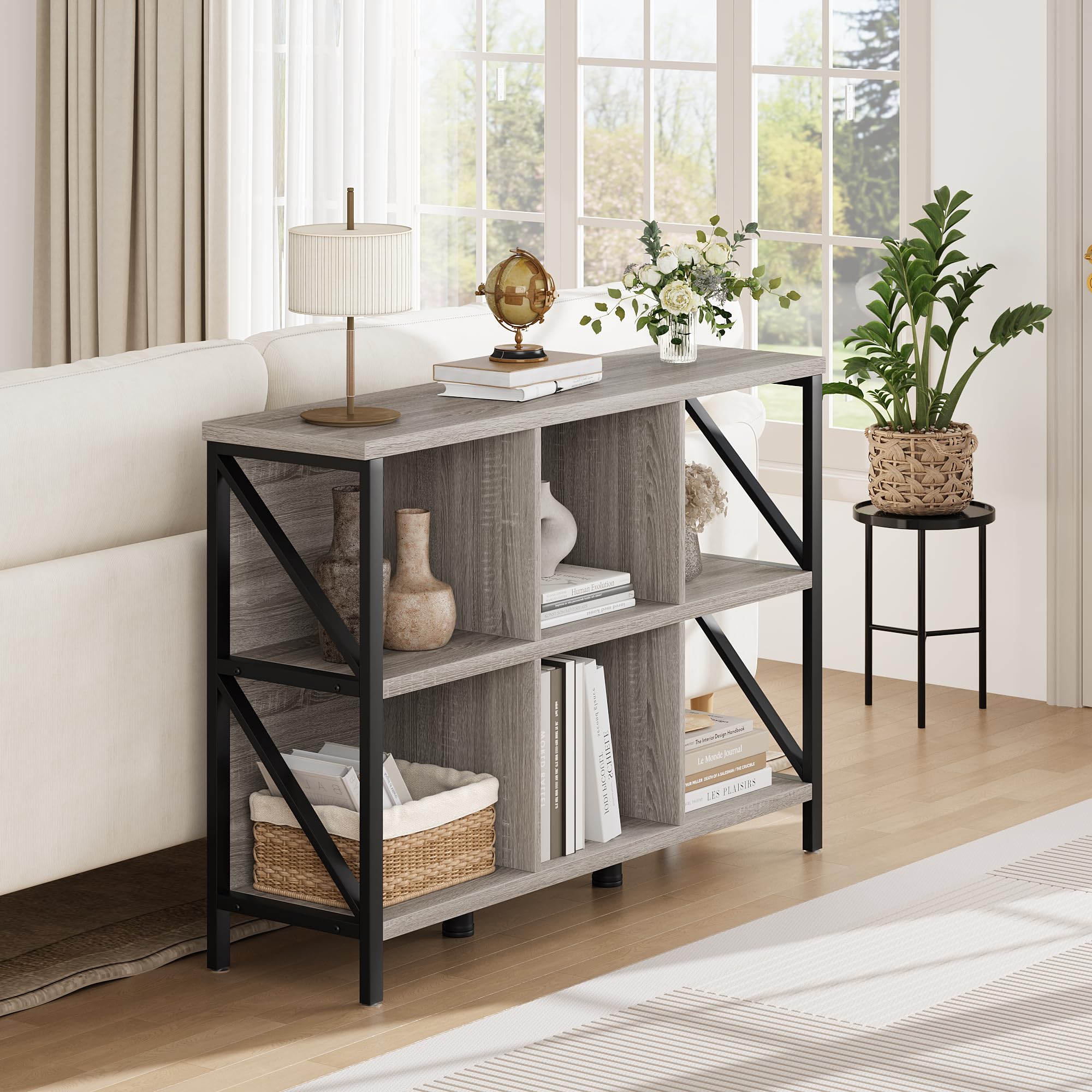 Wpond 6 Cube Storage Organizer, Industrial Horizontal Bookshelf with Metal Frame, Thick Wooden Low & Long Bookshelf for Living Room/Office/Bedroom - Rustic Brown