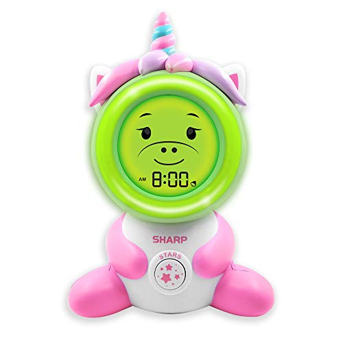 Sharp Ready to Wake Unicorn Sleep Trainer, Kid’s Alarm Clock for Ready to Rise, Ceiling Projection Nightlight and “Off-to-Bed” Feature – Simple to Set and Use! Pink, White