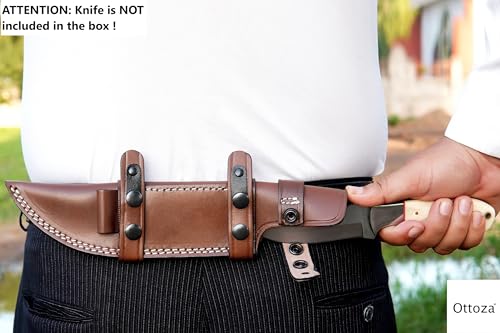Ottoza Handmade XL Leather Knife Sheath RIGHT HAND Tracker Knife Sheath - Bushcraft Knife Sheath - Hunting Knife Sheath - Survival Knife Sheath Horizontal Carry Dark Brown TOP GRAIN LEATHER No:124