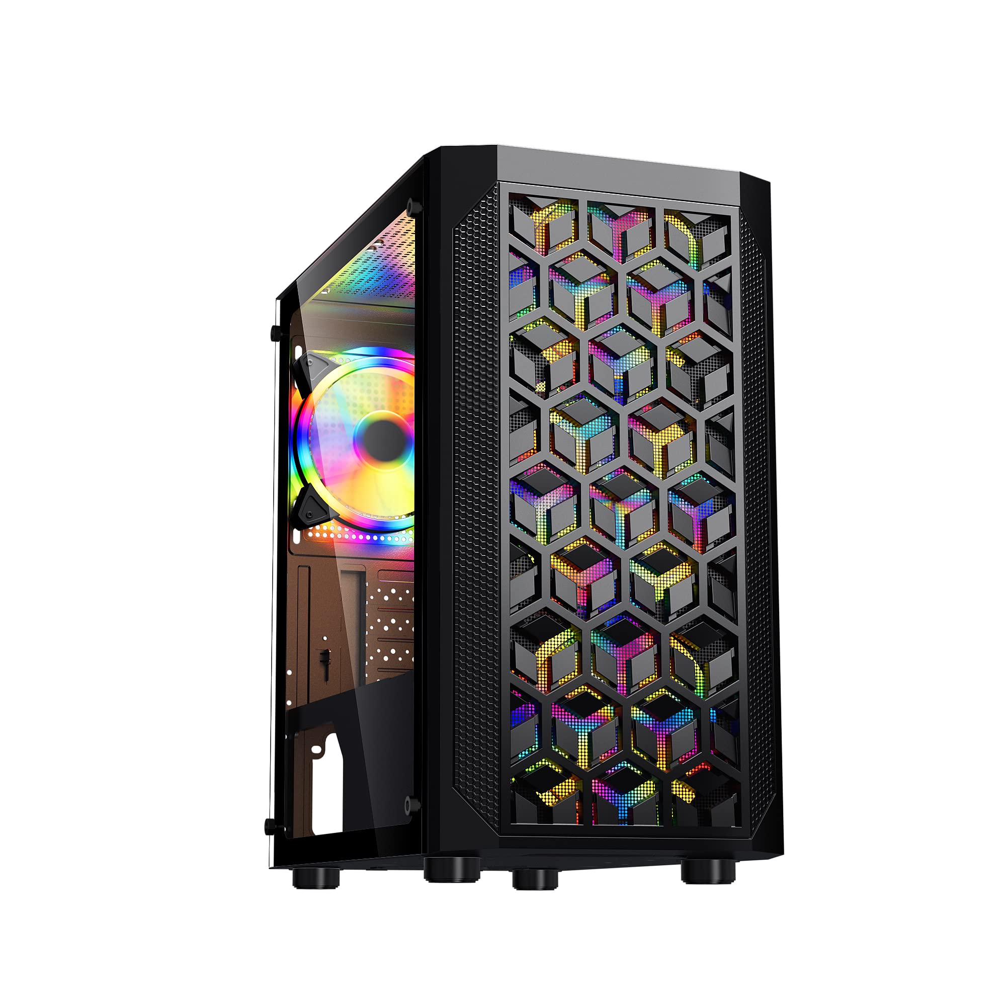 RHIROTEC MATX Micro ATX Case Gaming PC Case, Computer Case Pre-Installed 4 x RGB Rainbow Fan Tempered Glass Side Panel & Hollow Out Front Panel Ventilated Airflow with Magnetic Design Dust Filter