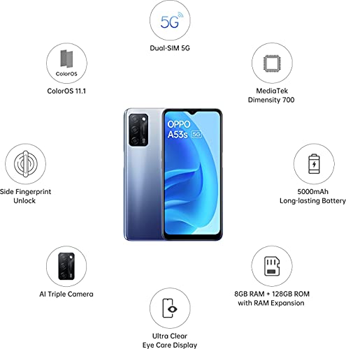 OPPO A53s 5G CPH2321 Dual-SIM 128GB ROM + 8GB RAM (GSM only | No CDMA) Factory Unlocked 5G Smartphone (Crystal Blue) - International Version