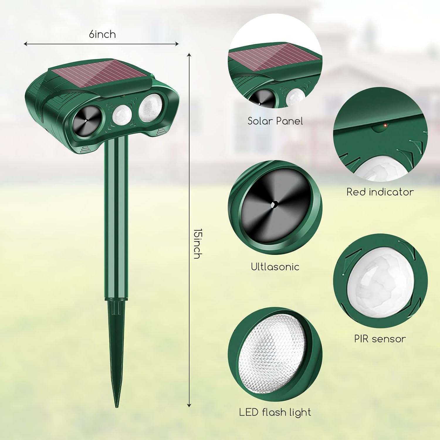 Solar Ultrasonic Animal Repellent Outdoor Waterproof Cat Repellent with Motion Sensor & LED Flashing Light Deer Repellent Devices for Rabbit Bird Fox Raccoon Squirrel Skunk