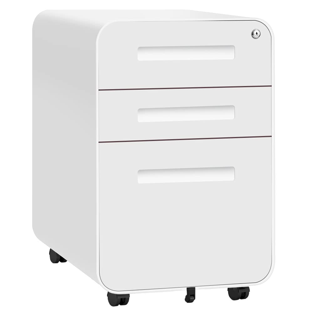 INTERGREAT White 3 Drawer Filing Cabinet with Wheels Metal Mobile File Cabinet with Hanging Frame Lockable File Cabinet for Legal/Letter Size, Pre-Assembled, Steel, Arc Edge