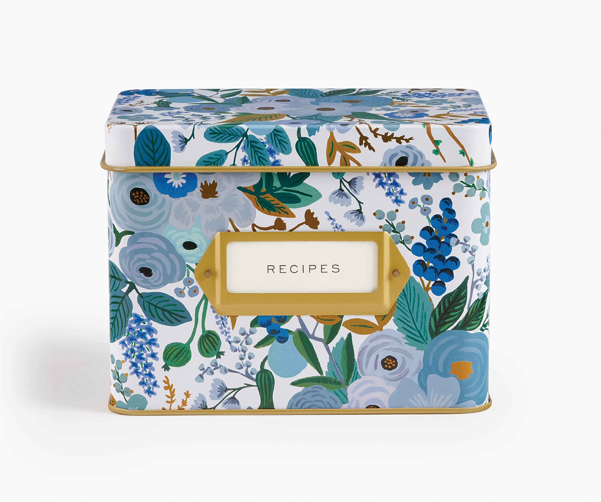 RIFLE PAPER CO. Garden Party Blue Recipe Tin, Gold Metallic Interior, Gold-Framed Label On Front, Includes 24 Recipe Cards and 12 Recipe Dividers, Bring Charm and Cheer Into Your Kitchen