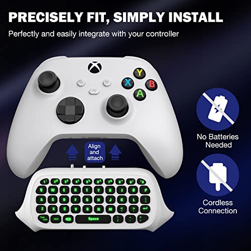 MoKo Green Backlight Chatpad for Xbox One Controller, Xbox Series X/S, 2.4G Receiver Chatpad Wireless Message Keyboard Keypad with Headset/Audio Jack for Xbox One/One S/Elite/2 Controller White