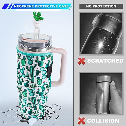 Reusable Neoprene Insulated Sleeves Cup Holder for Stanley 40oz Tumbler with Handle,Protective Water Bottle Sleeve Cover,with 2 Straw, Cleaning Brush and Straw Cover for Stanley Cup Accessories
