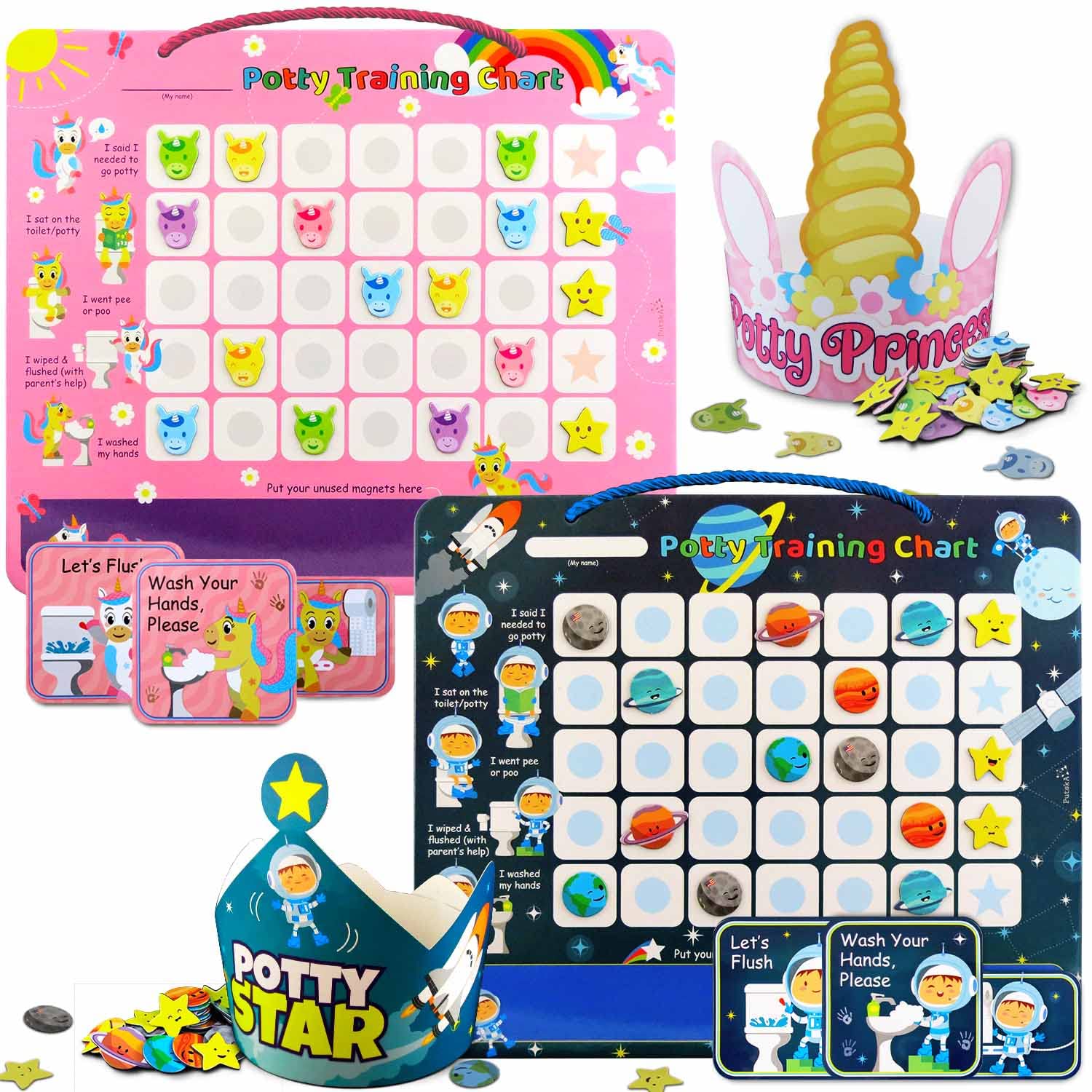 Putska Bundle Unicorn & Space Potty Training Chart for Toddler, Sticker Chart for Kids Potty Training, A Reward Chart for kids, Reward Sticker Chart Kids Toilet Training, potty chart for boys & girls