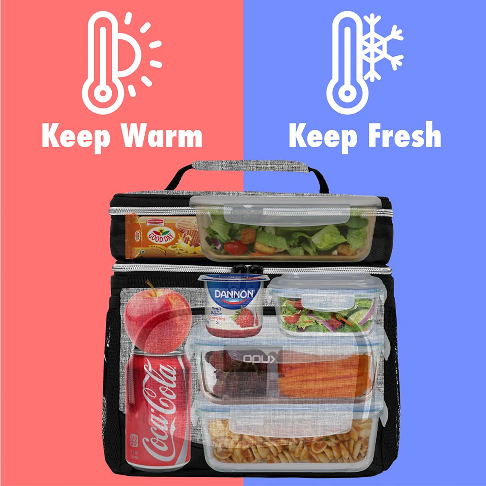opux Insulated Dual Compartment Lunch Box Men Women | Leakproof Double Deck Lunch Bag Work Office | Soft Cooler Tote Strap Adult | Reusable Thermal Lunch Pail 12 Cans, Brown Tan Taupe Beige