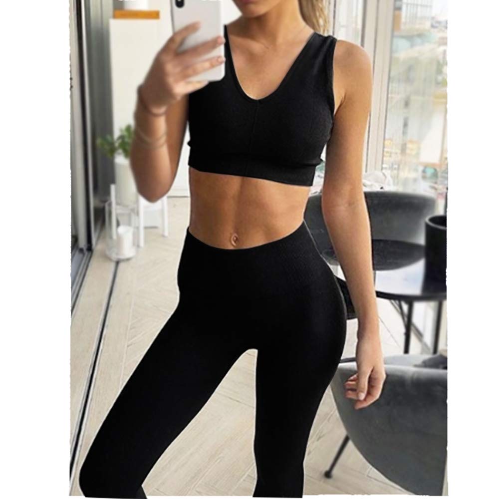 Jetjoy Women 2 PCS Workout Set Seamless Super Soft Material Deep V Neck Bra+Leggings Sports Suit Yoga Outfits