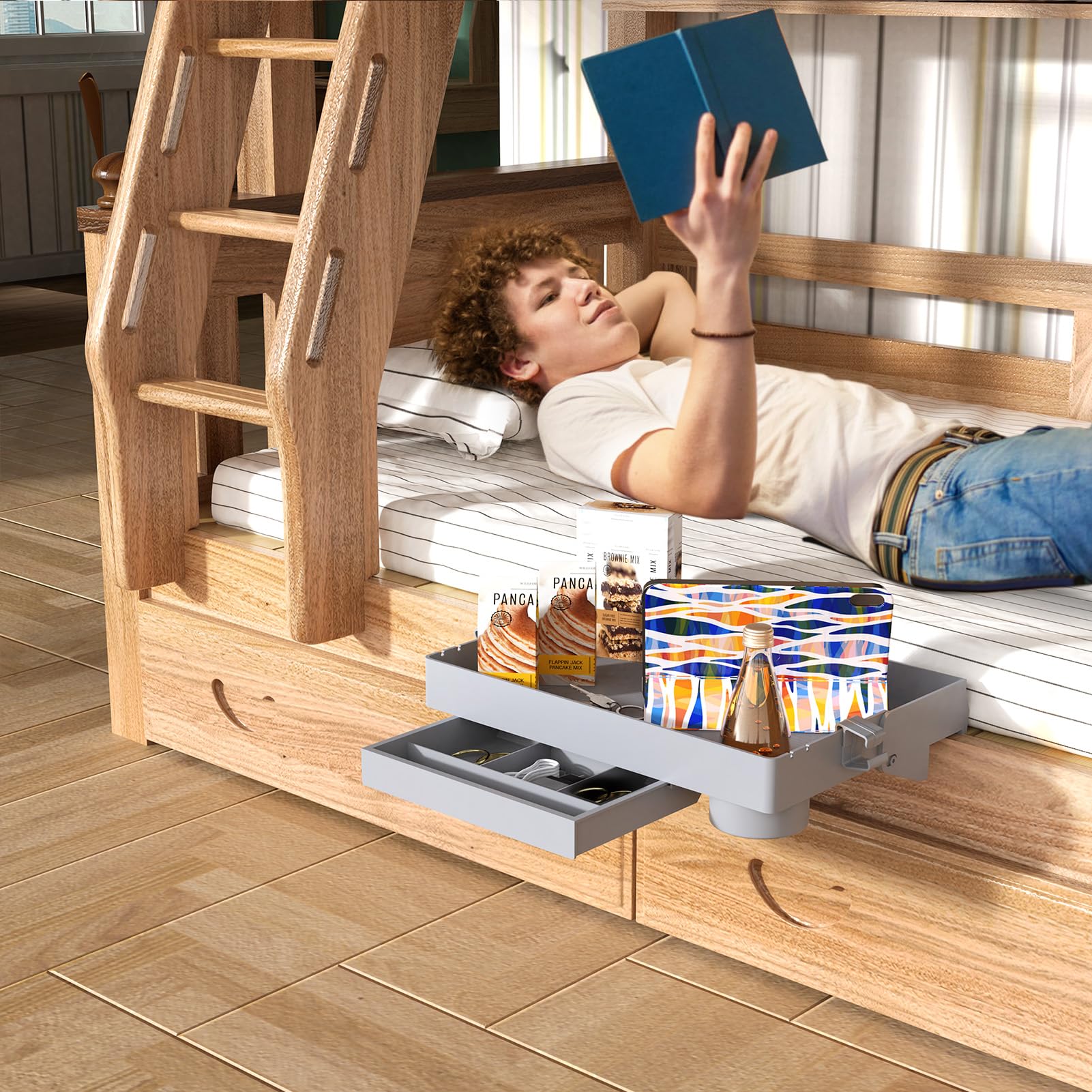 SOLEJAZZ Bedside Shelf for Bed, Foldable Bunk Bed Shelf for Top Bunk Clip On Nightstand with Drawer, College Dorm Essential Table Caddy Tray Organizer Bedroom Shelf, Plus Size with Drawer, Grey