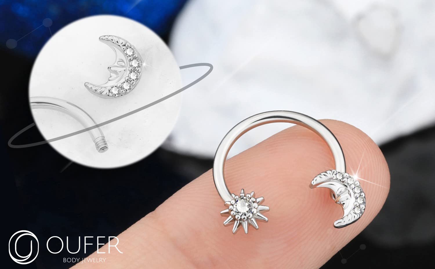 OUFER 16G Septum Rings, Star and Moon Design Nose Ring, Helix Earring, 316L Stainless Steel Tragus Daith Snug Conch Piercing Jewelry,Silver-Color