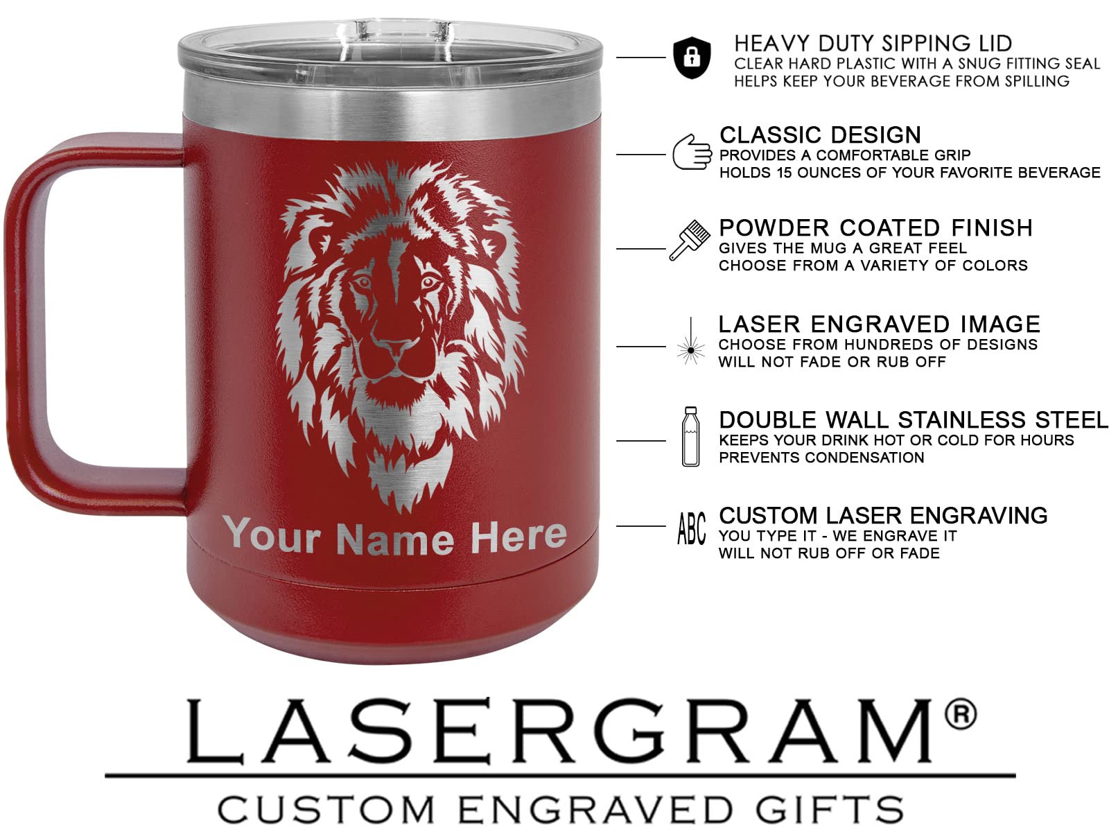 LaserGram 15oz Vacuum Insulated Coffee Mug, Disc Golf, Personalized Engraving Included (Maroon)