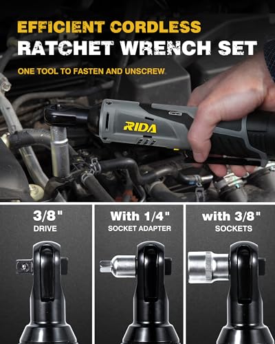 RIDA Cordless Electric Ratchet Wrench Set 40 Ft-lbs 400 RPM 3/8" 12V Cordless Ratchet Kit w/ 2-Pack Li-Ion Batteries & 60-Min Fast Charge, Variable Speed Trigger 8 Sockets New Year presents