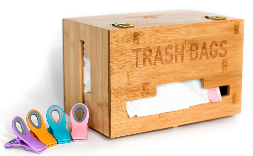 Trash Bag Dispenser – Extra Large Garbage Bag Roll Holder Storage Under Sink - Kitchen Bag Container Organizer - Includes Set of 4 Magnetic Clips