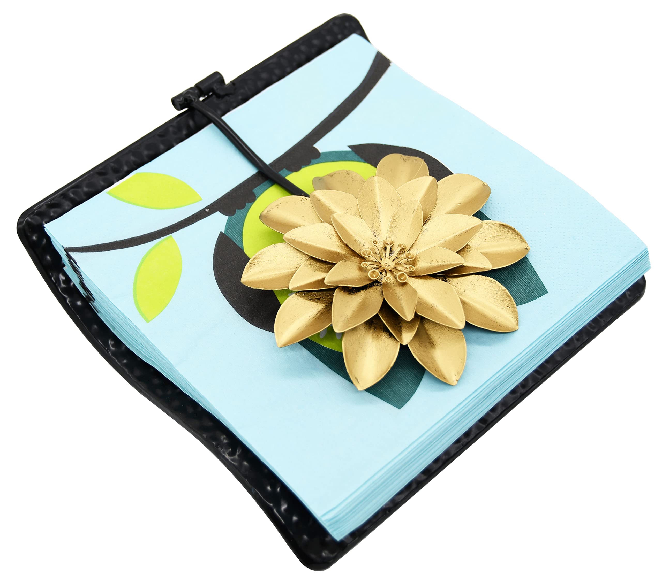 OwlGift Black Flat Napkin Holder w/Golden Flower Weighted Arm, Metal Cocktail Napkin Dispenser, Kitchen Counter Paper Towel Storage, Dining Table Organizer