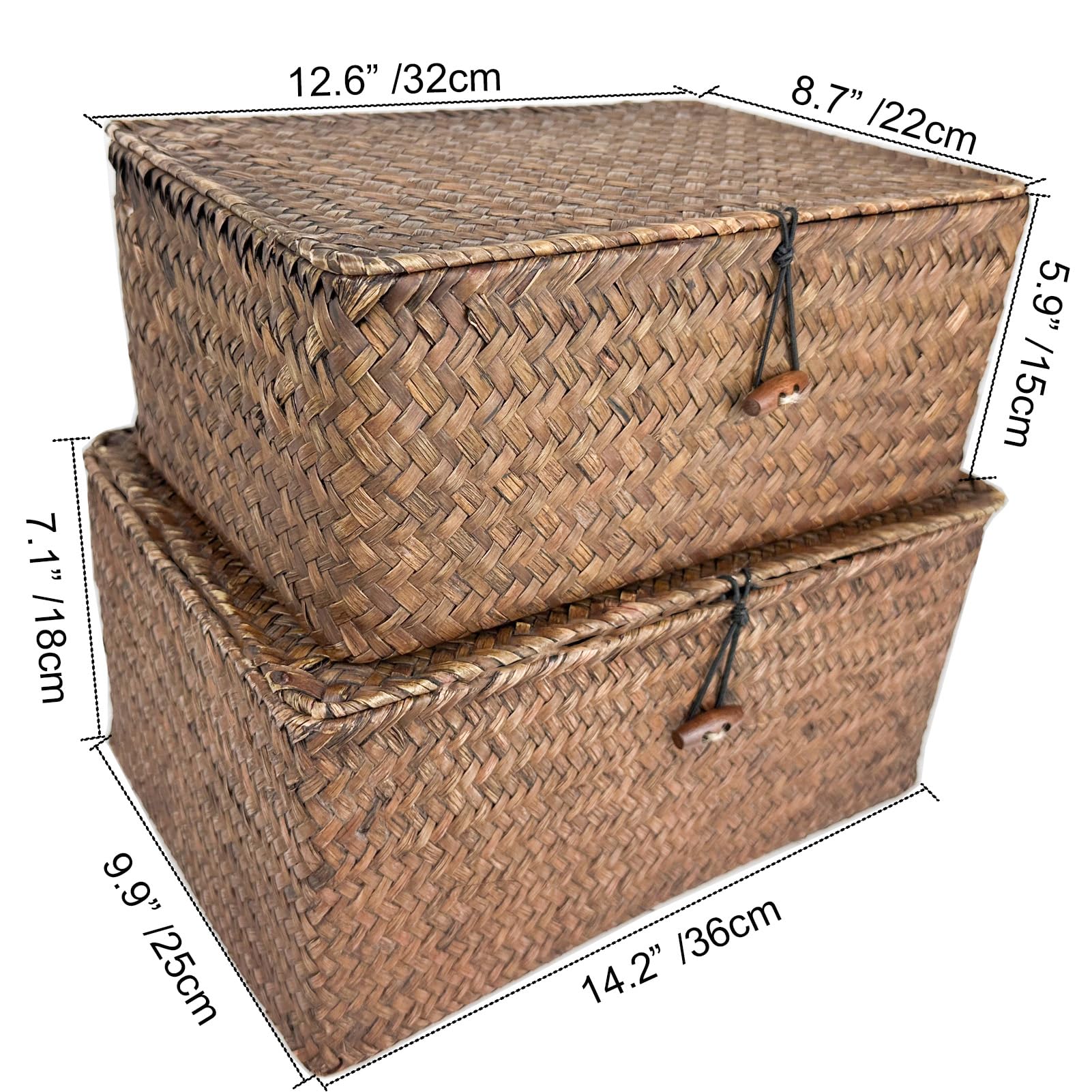Shelf Storage Baskets with Lid, 2-Pack Wicker Storage Bakset, Woven Seagrass Decorative Boxes Storage Basket, Coffee Large+XLarge