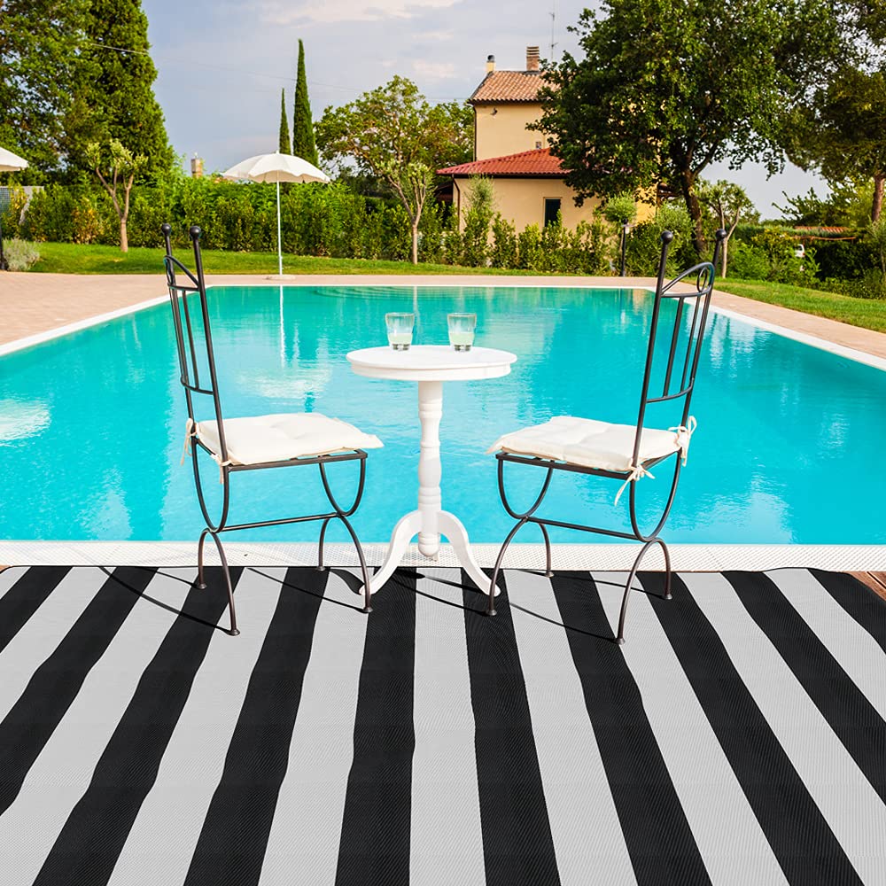 Pcinfuns Plastic Straw Rug,Patio Rugs RV Camping Rug Reversible Mat,6'x9' Large Floor Mat and Rug for Outdoor,Black and White Stripes