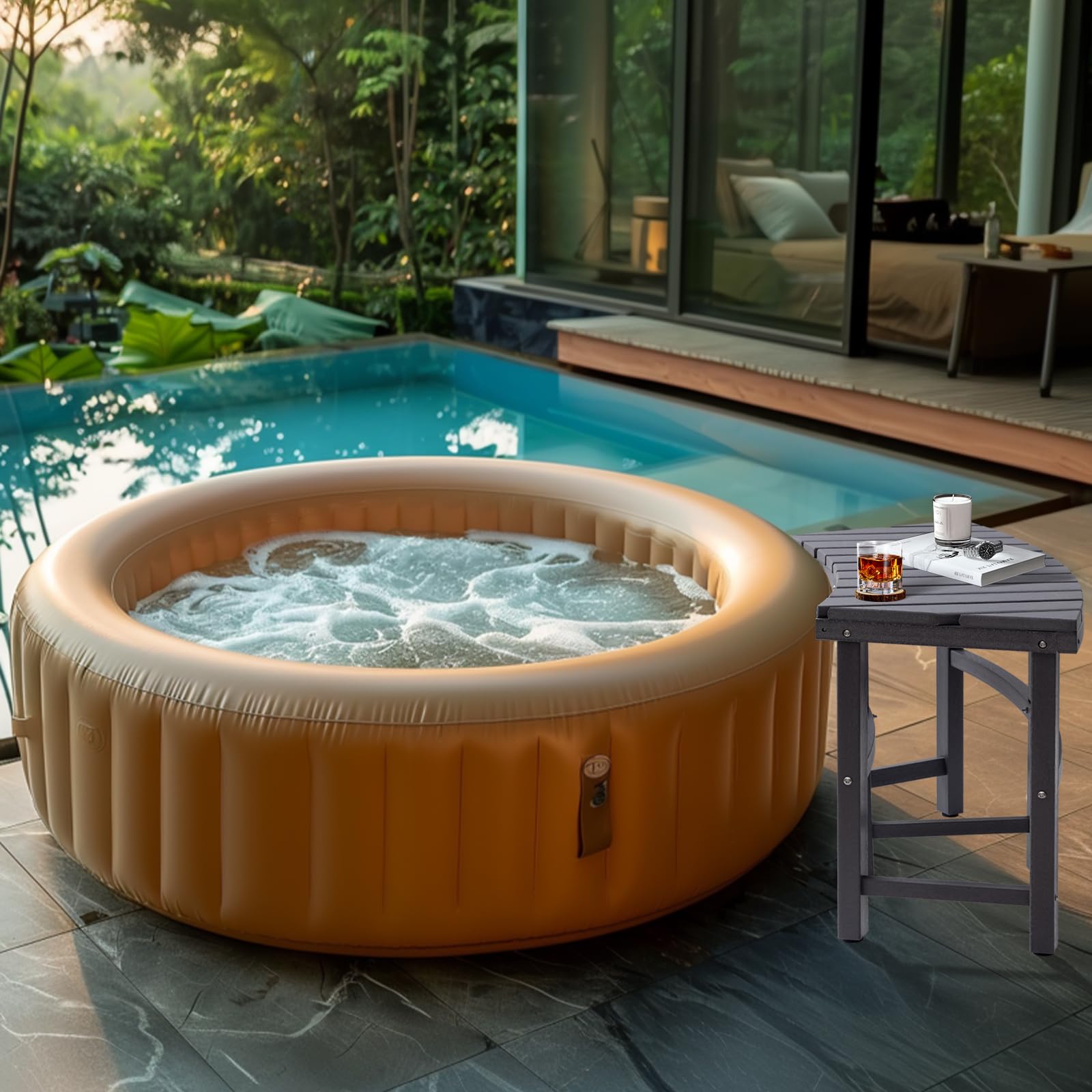 SwiftSlot Hot Tub Table, HDPE Pool Bench, 26''H Waterproof Spa Surround Bench, Durable Weather Resistant Curved Outdoor Bench, Grey