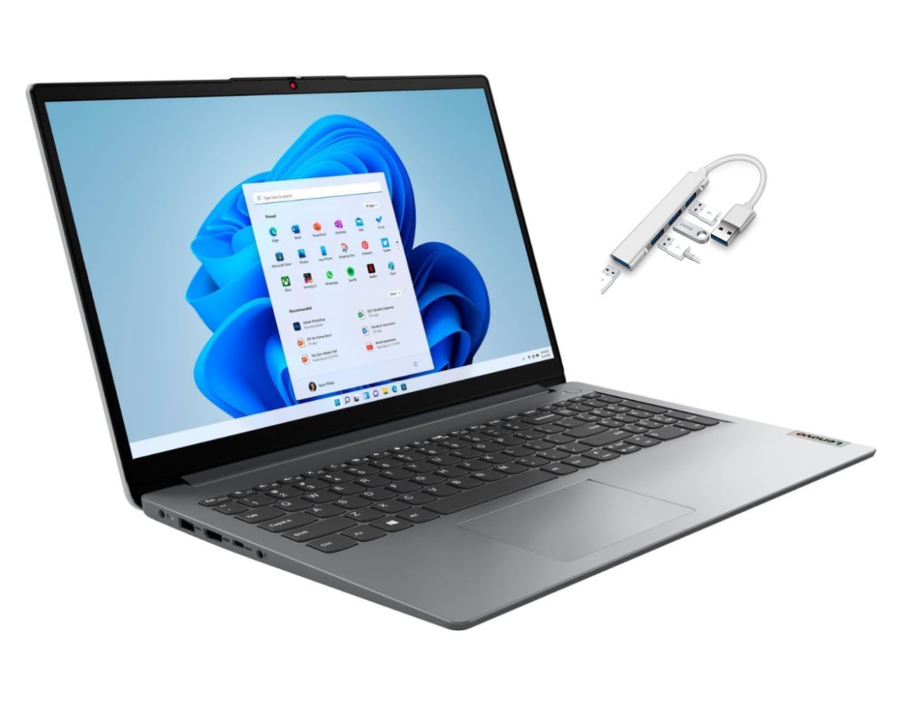 Lenovo Ideapad 1 15.6" HD Laptop | AMD Athlon Silver 7120U Processor | 4GB RAM DDR5| 128GB SSD | AMD Radeon Graphics | Windows 11 Home | Grey | Bundle with USB 3.0 Hub