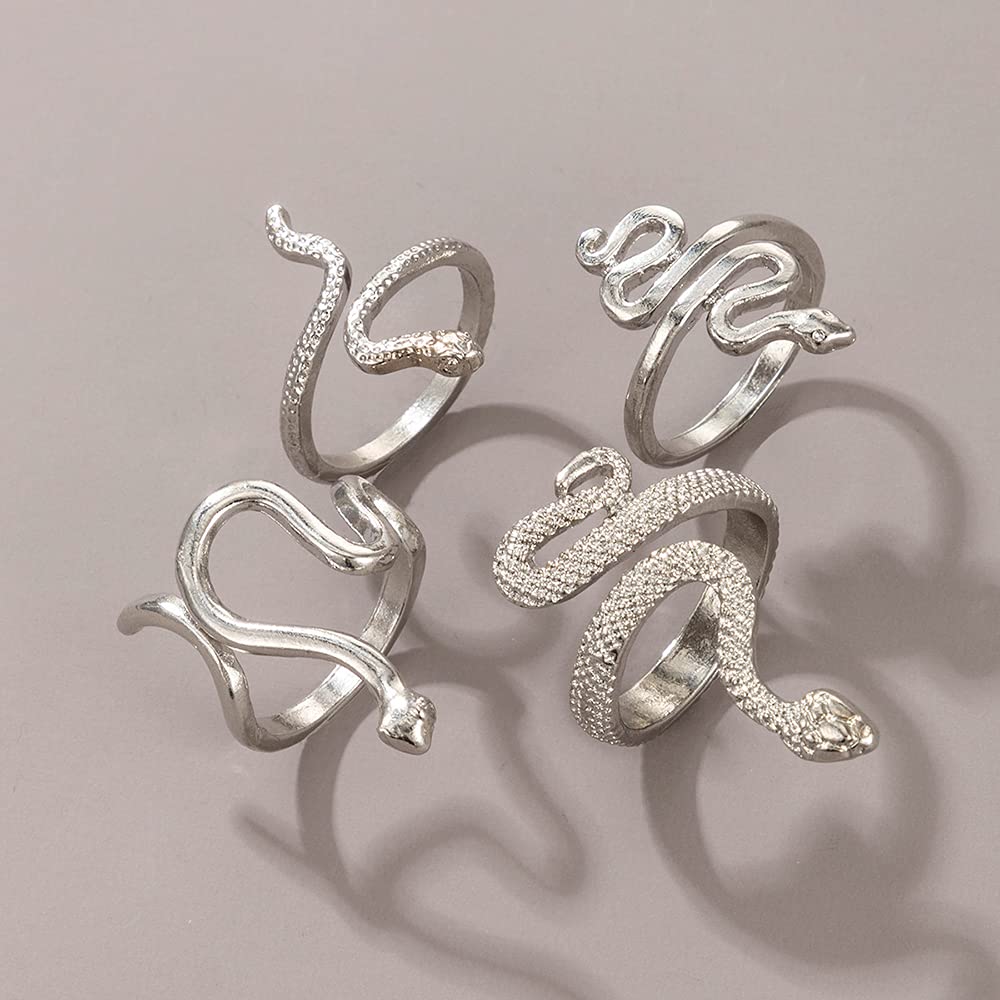 JWICOS 4Pcs Silver Punk Snake Style Stackable Finger Rings for Women Gothic Vintage Open Adjustable Rings Set Gift for Snake Lover Reptile Lover